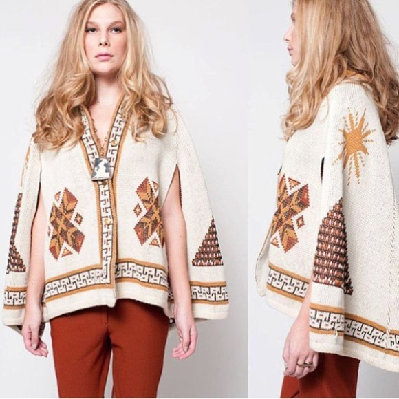 Vintage | Sweaters | Vintage Tribal Knit Cape Poncho Cream Brown With ...